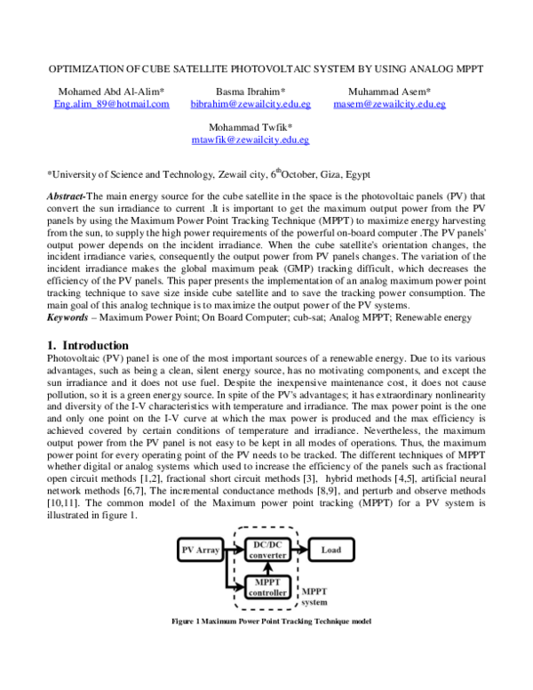 (PDF) OPTIMIZATION OF CUBE SATELLITE PHOTOVOLTAIC SYSTEM BY USING ANALOG MPPT