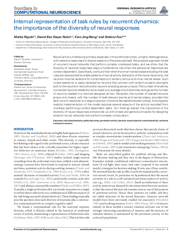 Pdf Internal Representation Of Task Rules By Recurrent Dynamics The