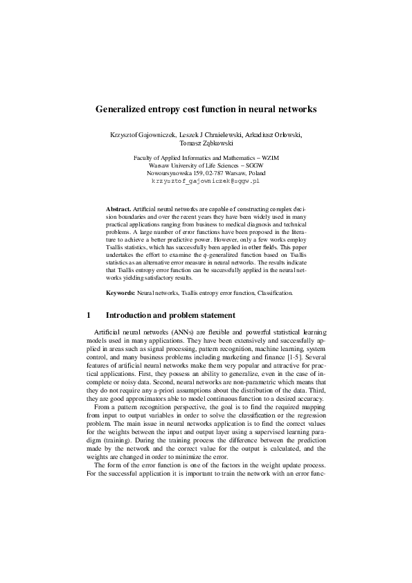 Pdf Generalized Entropy Cost Function In Neural Networks Krzysztof