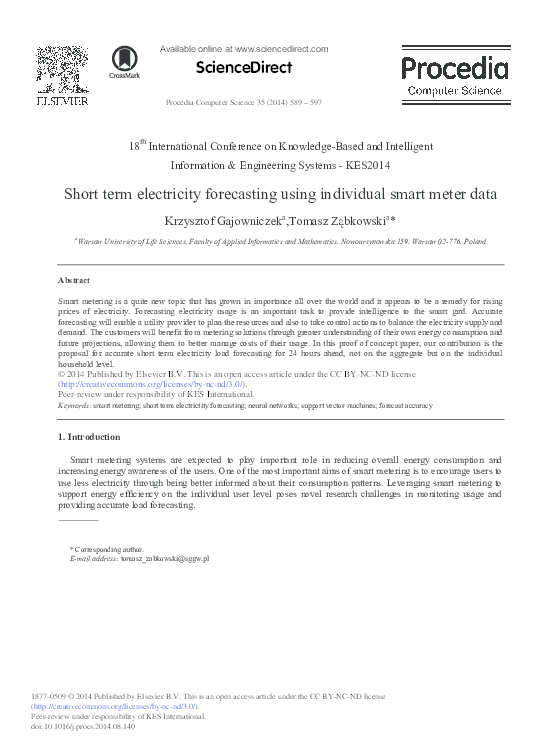 (PDF) Short term electricity forecasting using individual smart meter data
