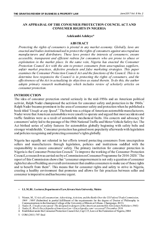 (PDF) AN APPRAISAL OF THE CONSUMER PROTECTION COUNCIL ACT AND CONSUMER ...