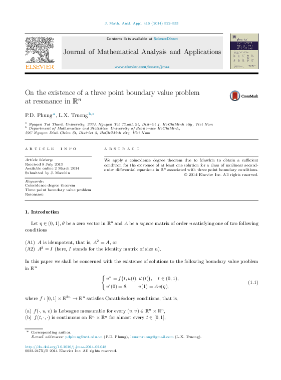 (PDF) On the existence of a three point boundary value problem at resonance in