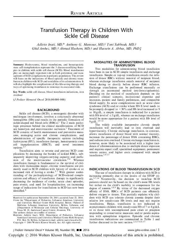 (PDF) Transfusion Therapy in Children With Sickle Cell Disease