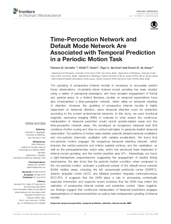 Pdf Time Perception Network And Default Mode Network Are Associated With Temporal Prediction