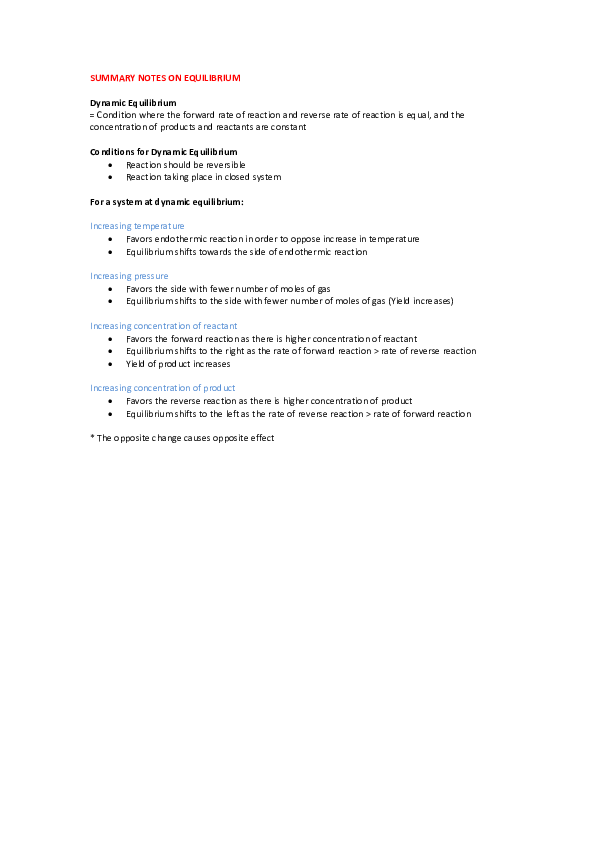 (DOC) SUMMARY NOTES ON EQUILIBRIUM (IB chem SL)