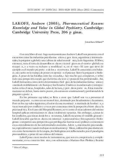 (PDF) LAKOFF, Andrew (2005), Pharmaceutical Reason: Knowledge and Value ...