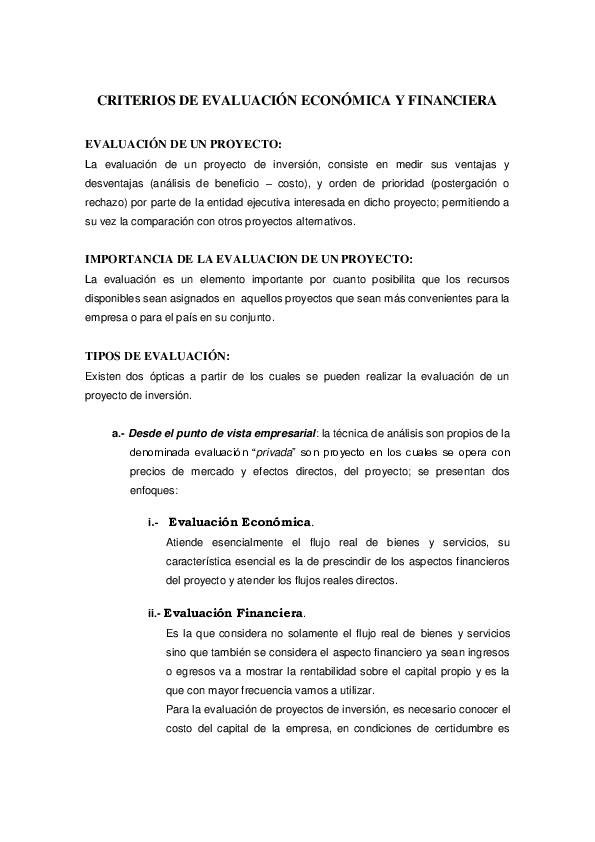 (PDF) CRITERIOS DE EVALUACIÓN ECONÓMICA Y FINANCIERA EVALUACIÓN DE UN PROYECTO