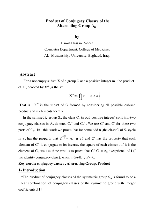 (PDF) "Product of Conjugacy Classes of the Alternating Group A n " by | Lamia Hassan Raheef ...