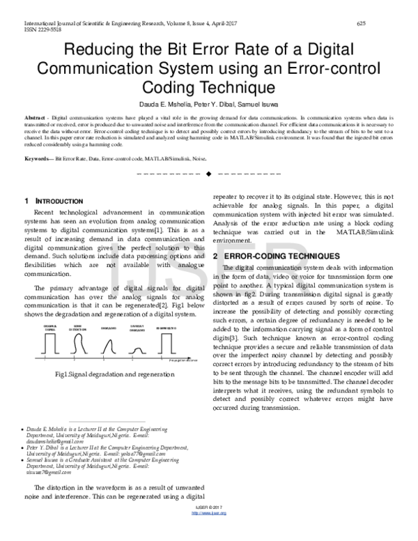 Pdf Reducing The Bit Error Rate Of A Digital Communication System Using An Error Control
