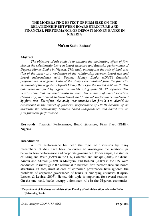(PDF) THE MODERATING EFFECT OF FIRM SIZE ON THE RELATIONSHIP BETWEEN BOARD STRUCTURE AND ...