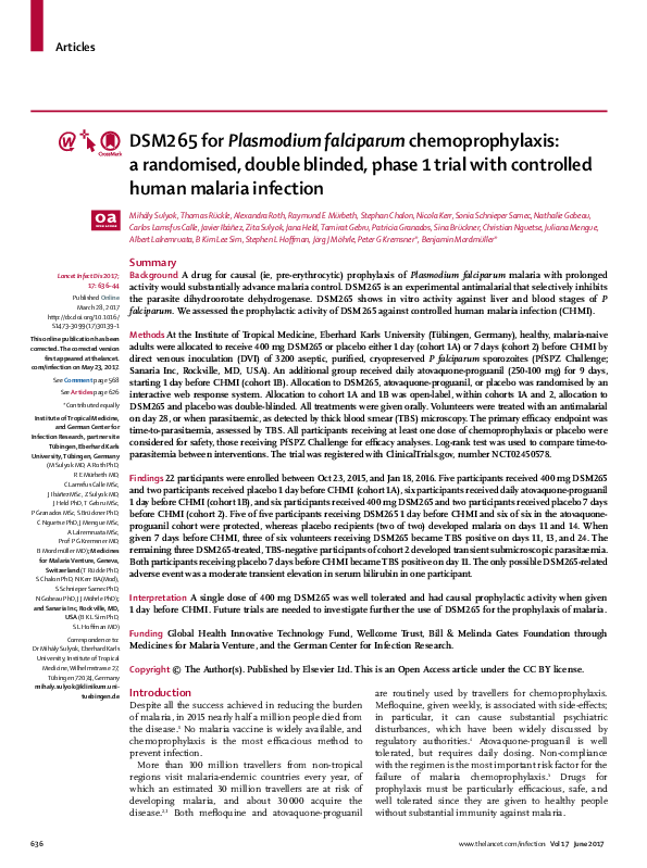 (PDF) DSM265 for Plasmodium falciparum chemoprophylaxis: a randomised ...