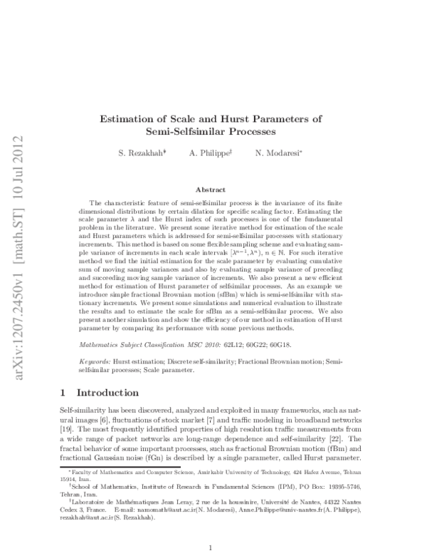 (PDF) Estimation of Scale and Hurst Parameters of Semi-Selfsimilar Processes | Saeid Rezakhah ...