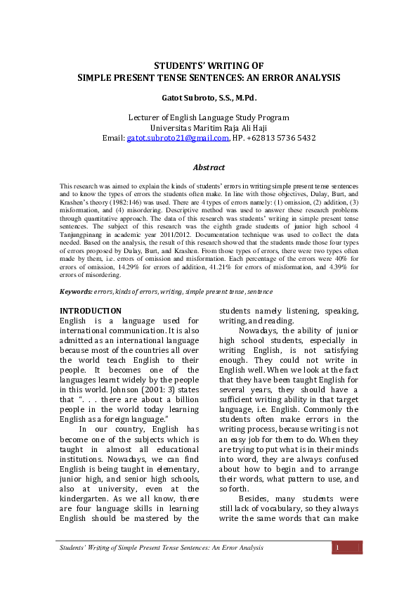 (PDF) Students' Writing of Simple Present Tense Sentences (An Error Analysis)
