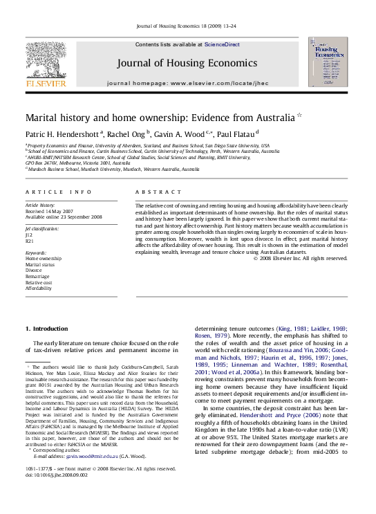 (PDF) Marital history and home ownership: Evidence from Australia