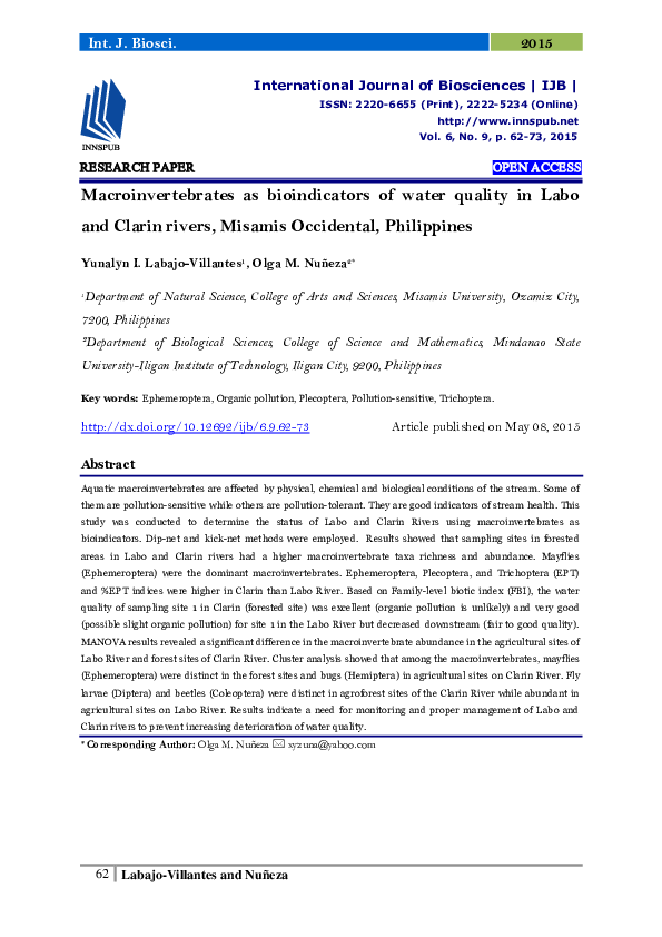 (PDF) Macroinvertebrates as bioindicators of water quality in Labo and ...
