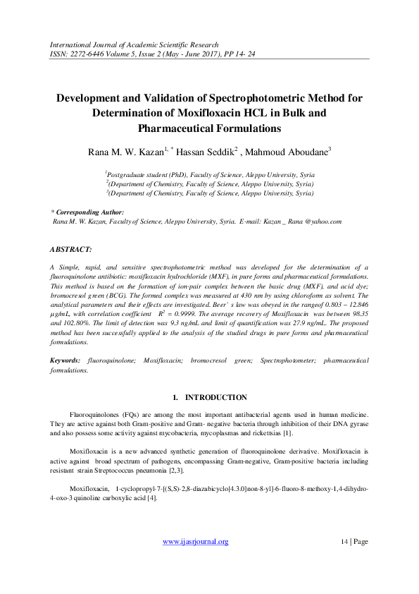 Pdf Development And Validation Of Spectrophotometric Method For Determination Of Moxifloxacin