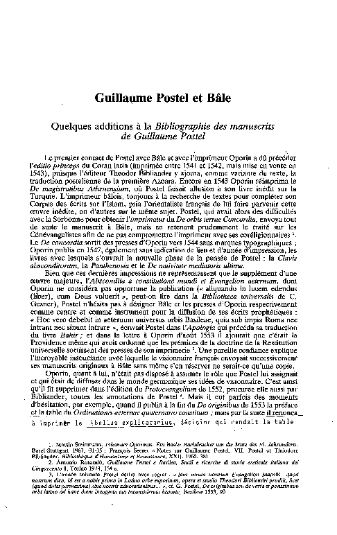 (PDF) Guillaume Postel et Bâle. Quelques additions à la Bibliographie ...