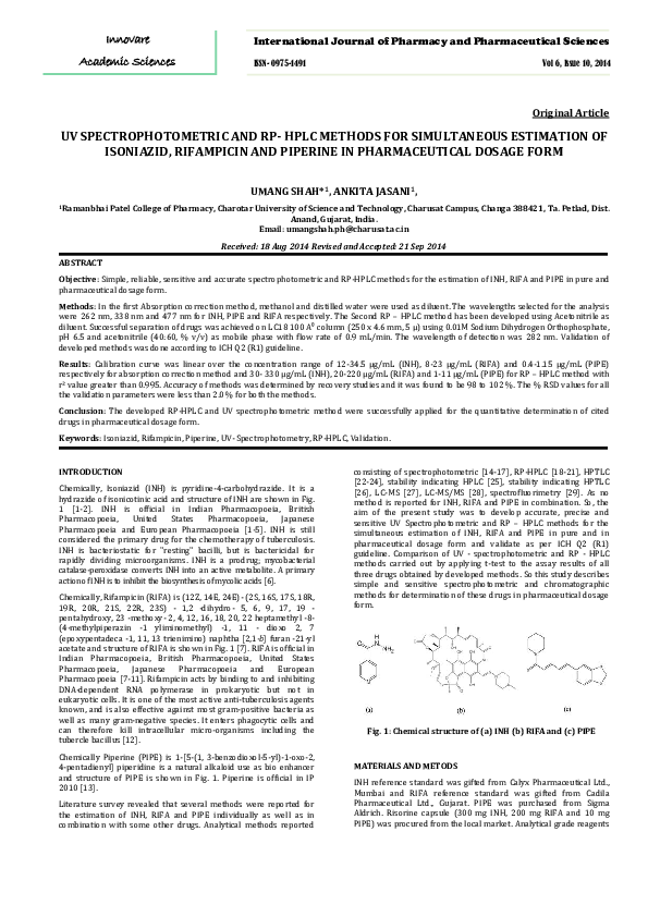 Pdf Uv Spectrophotometric And Rp Hplc Methods For Simultaneous Estimation Of Isoniazid