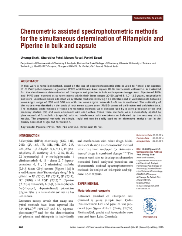 Pdf Simultaneous Determination Of Rifampicin And Piperine