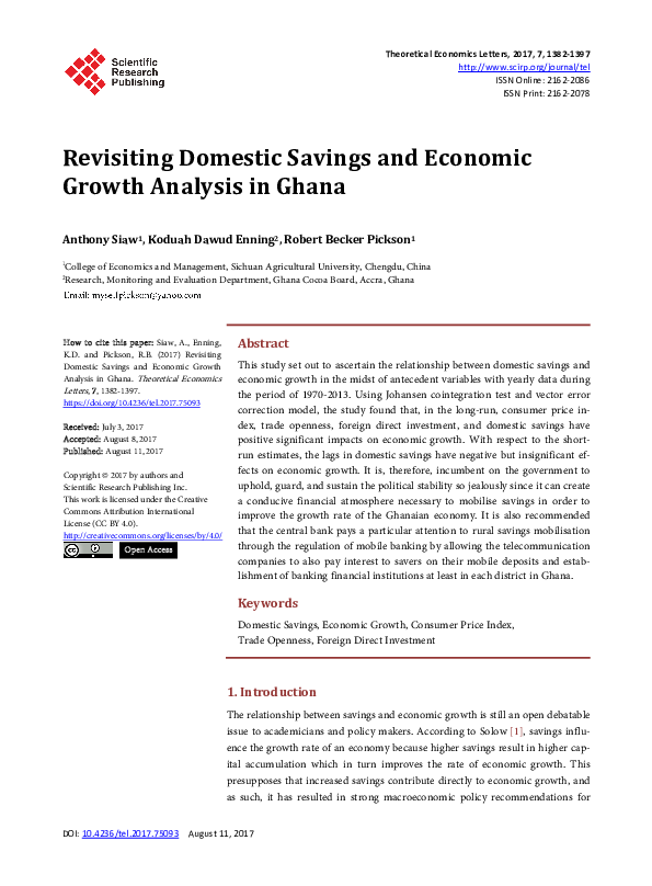 (PDF) Revisiting Domestic Savings and Economic Growth Analysis in Ghana