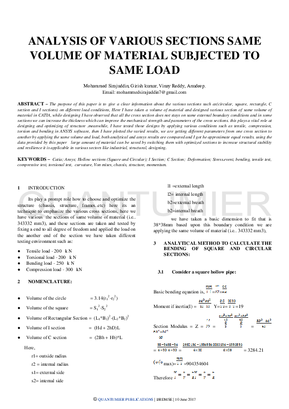 (PDF) ANALYSIS OF VARIOUS SECTIONS SAME VOLUME OF MATERIAL SUBJECTED TO ...