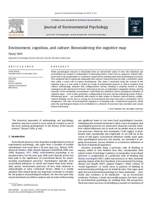 (PDF) Environment, cognition, and culture: Reconsidering the cognitive map