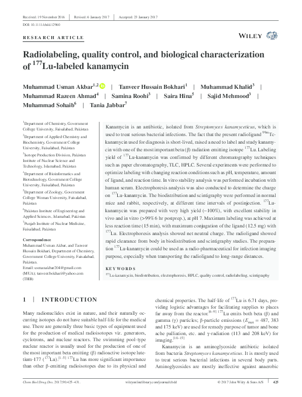 (PDF) Radiolabeling, quality control, and biological characterization of 177 Lu-labeled kanamycin