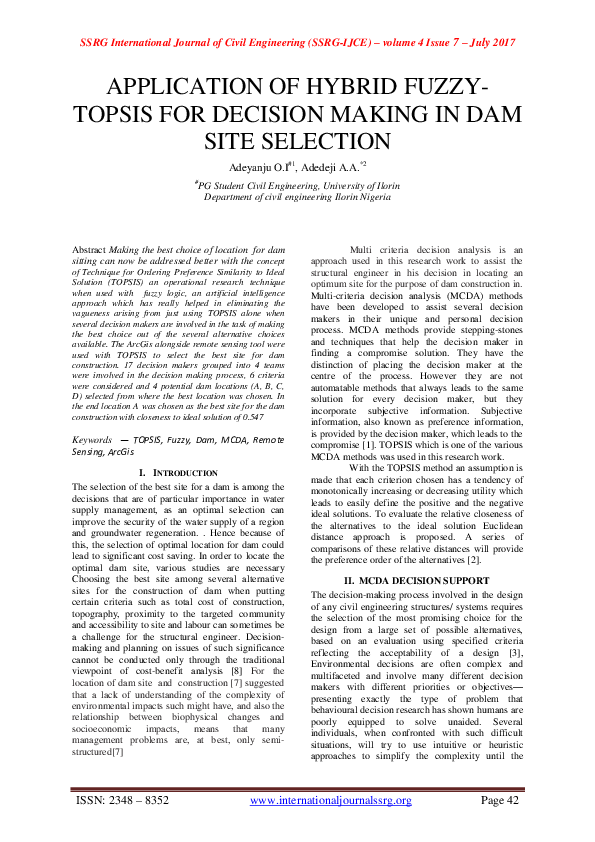 Pdf Application Of Hybrid Fuzzy Topsis For Decision Making In Dam Site Selection