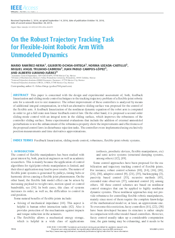 Pdf On The Robust Trajectory Tracking Task For Flexible Joint Robotic Arm With Unmodeled Dynamics