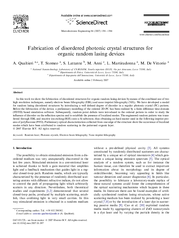 (PDF) Fabrication of disordered photonic crystal structures for organic random lasing devices