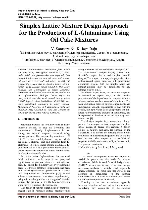 Pdf Simplex Lattice Mixture Design Approach For The Production Of L Glutaminase Using Oil Cake