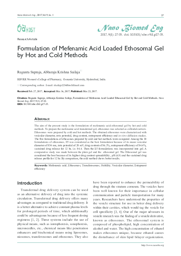 Pdf Formulation Of Mefenamic Acid Loaded Ethosomal Gel By Hot And Cold Methods