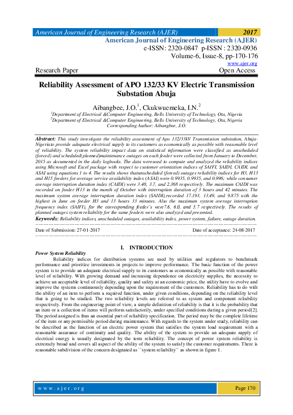 (PDF) Reliability Assessment of APO 132/33 KV Electric Transmission Substation Abuja