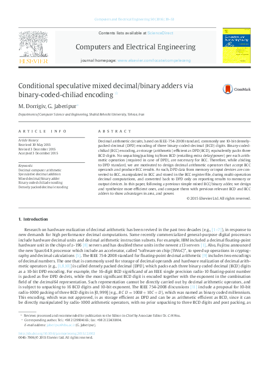Pdf Conditional Speculative Mixed Decimalbinary Adders Via Binary Coded Chiliad Encoding