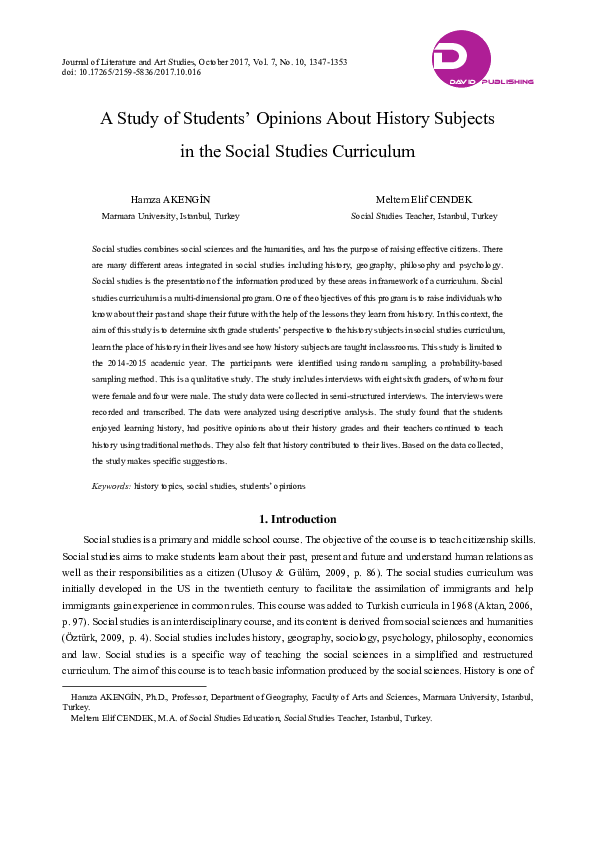 (PDF) A Study of Students' Opinions About History Subjects in the ...