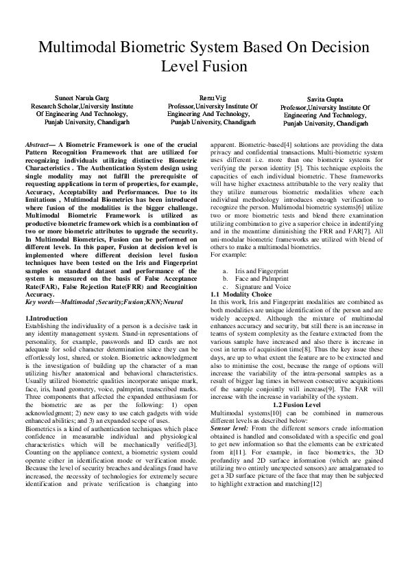 (PDF) Multimodal Biometric System Based On Decision Level Fusion