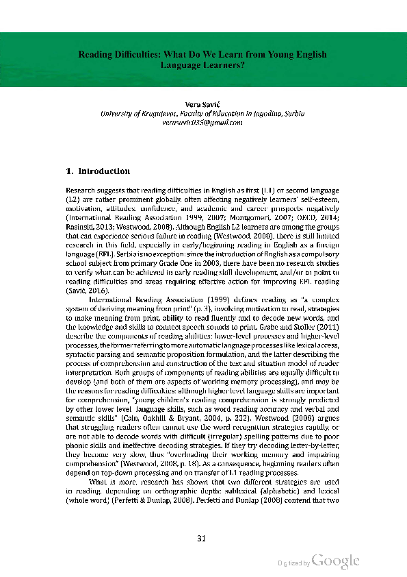 (PDF) Reading Difficulties: What Do We Learn from Young English ...