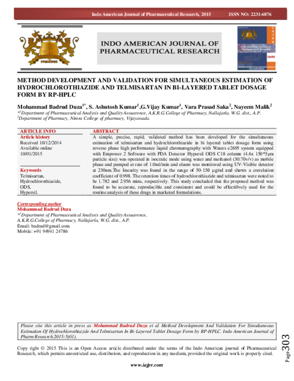 Pdf Method Development And Validation For Simultaneous Estimation Of Hydrochlorothiazide And