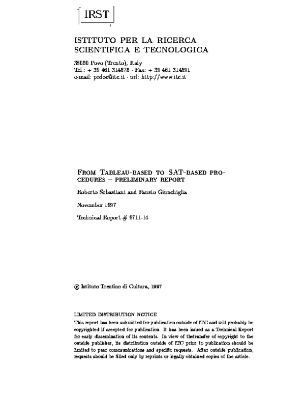 Pdf From Tableau Based To Sat Based Procedures Preliminary Report