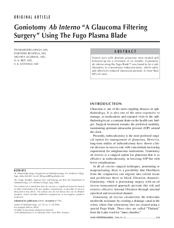 (PDF) Goniotomy Ab interno “a glaucoma filtering surgery” using the ...