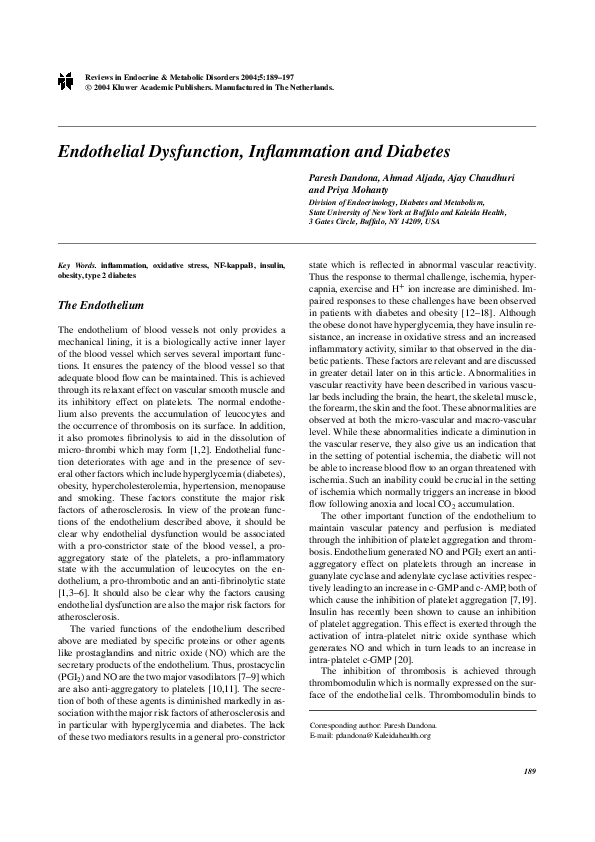 (PDF) Endothelial Dysfunction, Inflammation and Diabetes