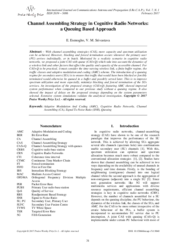 (PDF) Channel Assembling Strategy in Cognitive Radio Networks: A Queuing Based Approach
