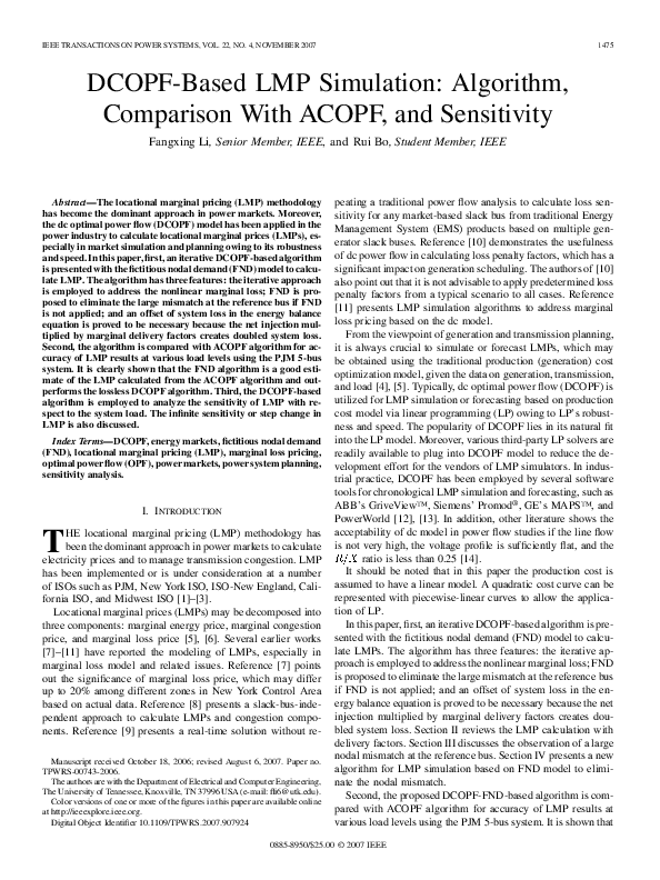 Pdf Dcopf Based Lmp Simulation Algorithm Comparison With Acopf And