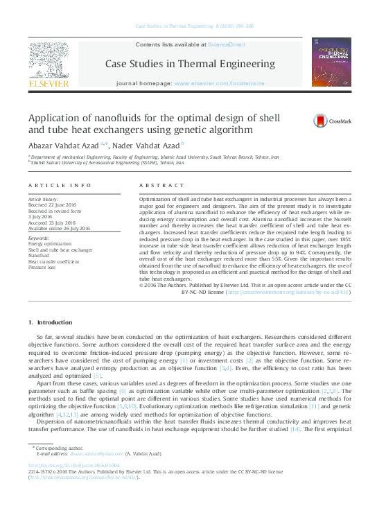 Pdf Application Of Nanofluids For The Optimal Design Of Shell And