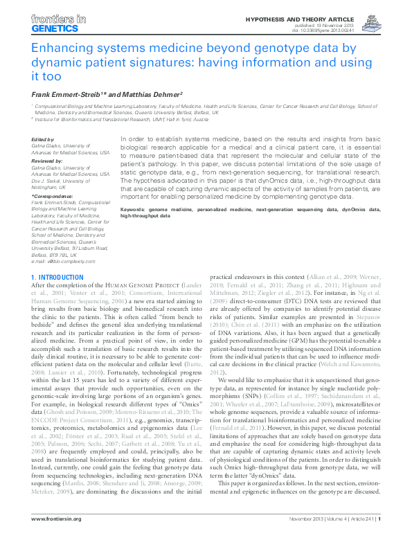 (PDF) Enhancing systems medicine beyond genotype data by dynamic ...