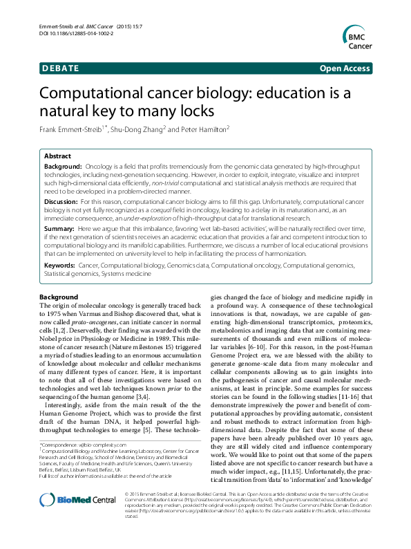 (PDF) Computational cancer biology: education is a natural key to many ...