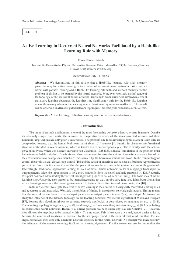 (PDF) Active Learning in Recurrent Neural Networks Facilitated by a Hebb-like Learning Rule with ...