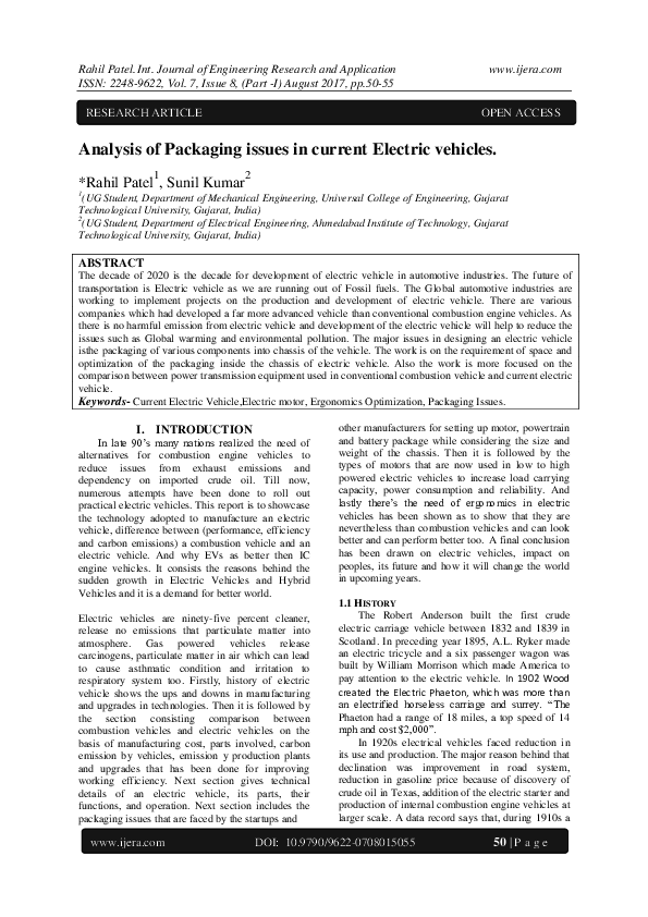 (PDF) Analysis of Packaging issues in current Electric vehicles.