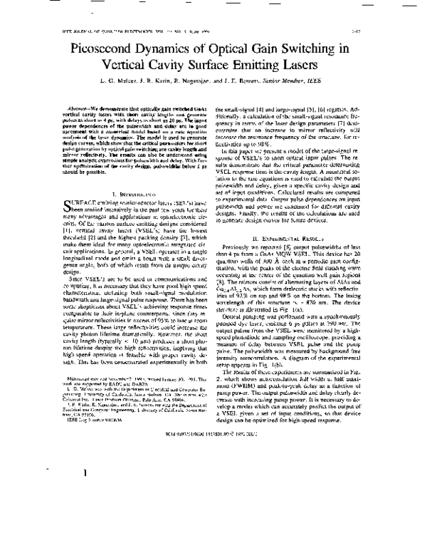 (PDF) Picosecond dynamics of optical gain switching in vertical cavity emitting lasers