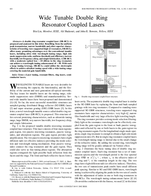 (PDF) Wide tunable double ring resonator coupled lasers
